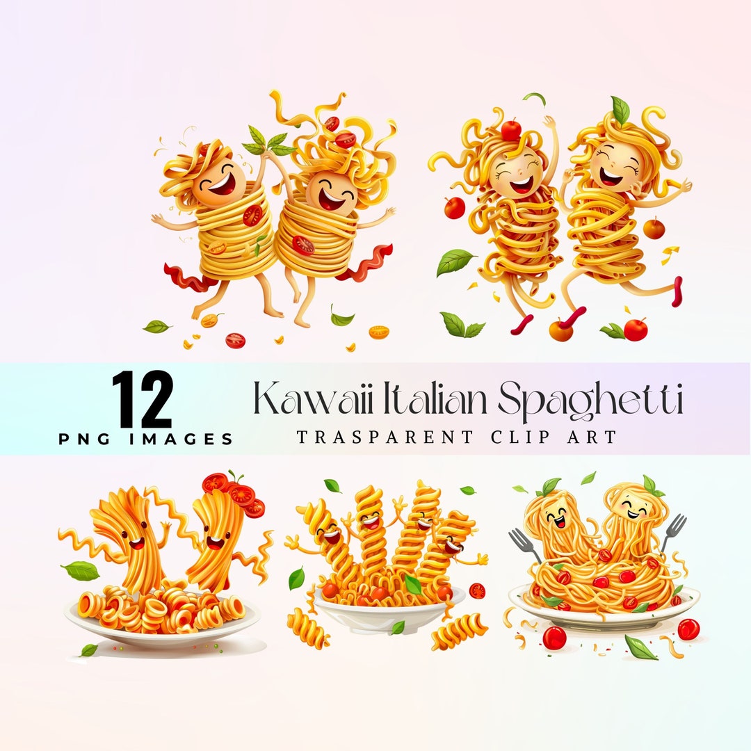 Kawaii Italian Pasta Clip Art: Watercolor Spaghetti PNG (digital ...