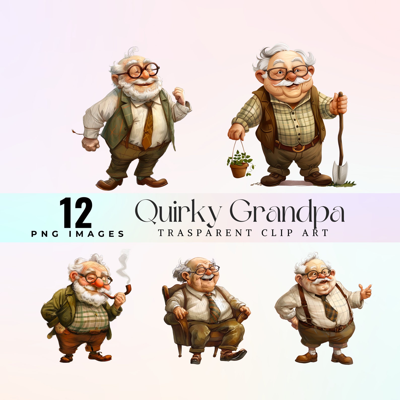 Funny Grandpa Clip Art, Watercolor Quirky Old Man Illustration PNG ...