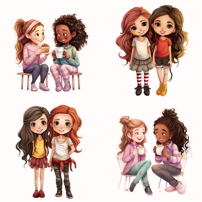 Cute Besties Clip Art, Happy Cartoon Best Friends Illustration PNG ...