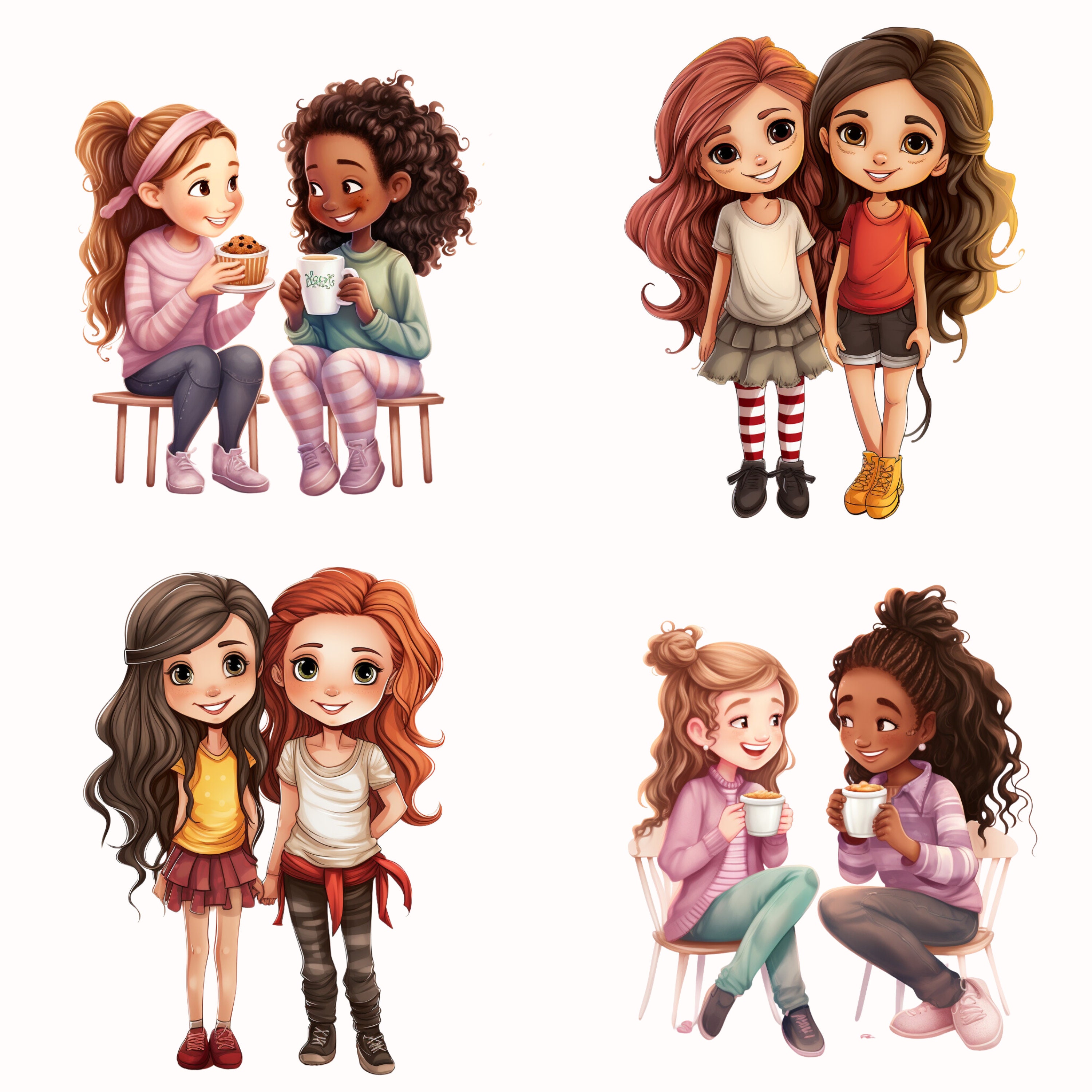 Cute Besties Clip Art, Happy Cartoon Best Friends Illustration PNG ...