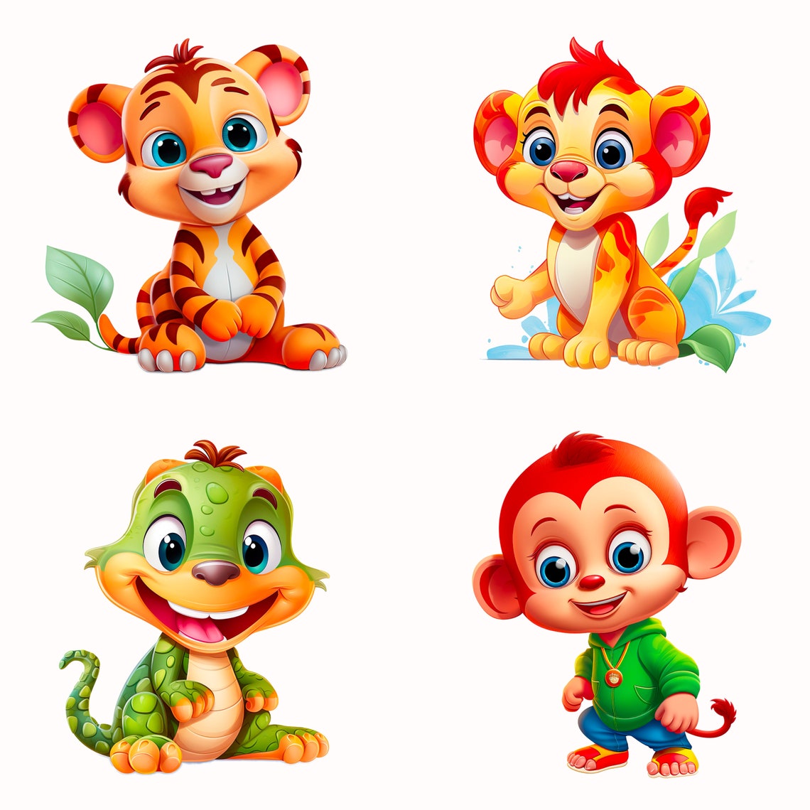 Cute Cartoon Animals Clip Art Happy Jungle Babies Png Nice - Etsy