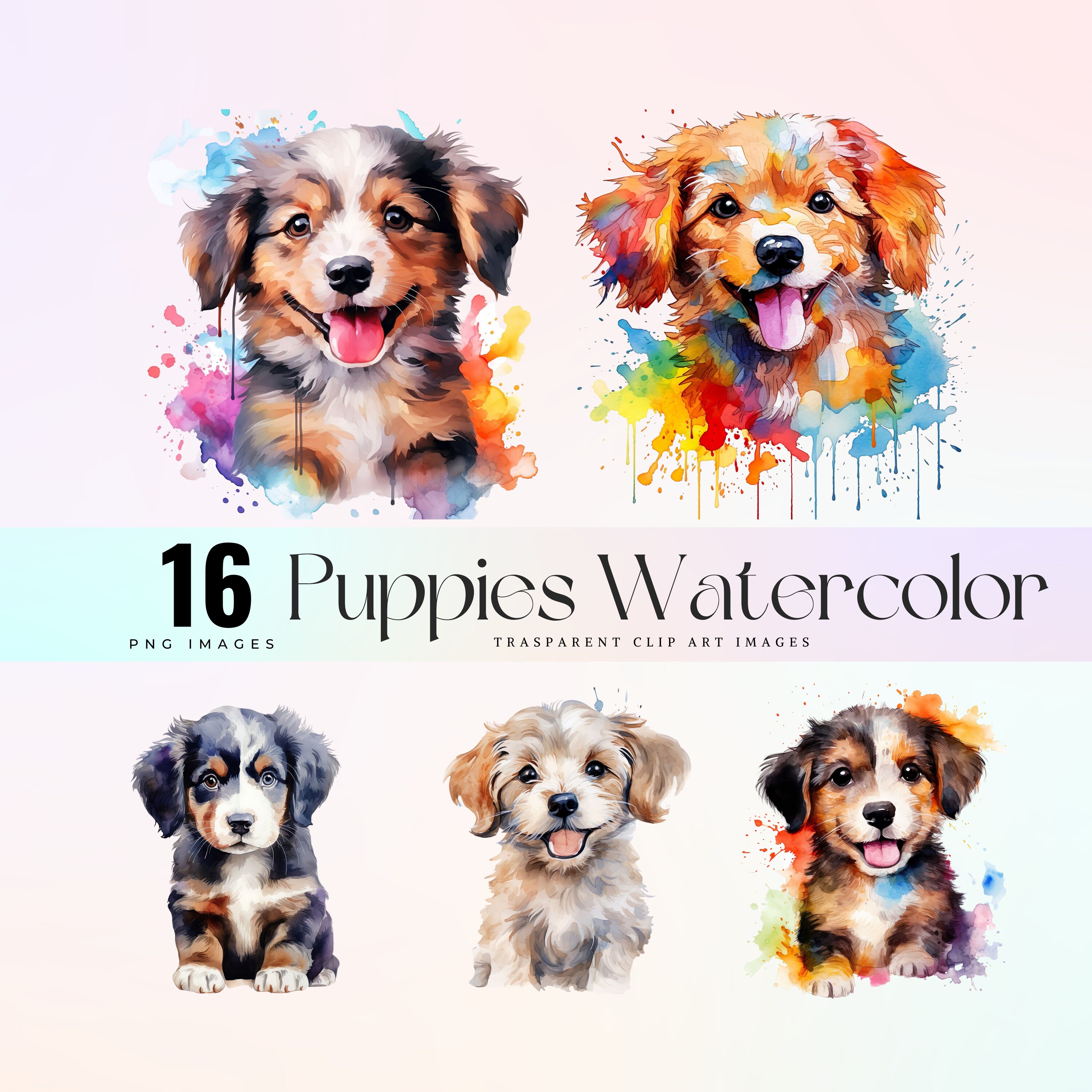 Vivid Puppy Clip Art, Watercolor Colorful Puppies Illustration PNG ...