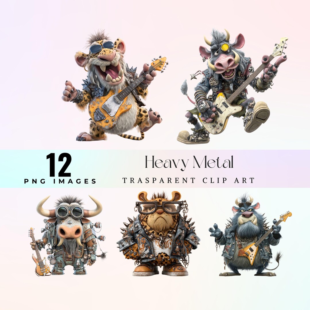 Heavy Metal Animal Clipart, Rocker Cartoon Characters With Guitars ...