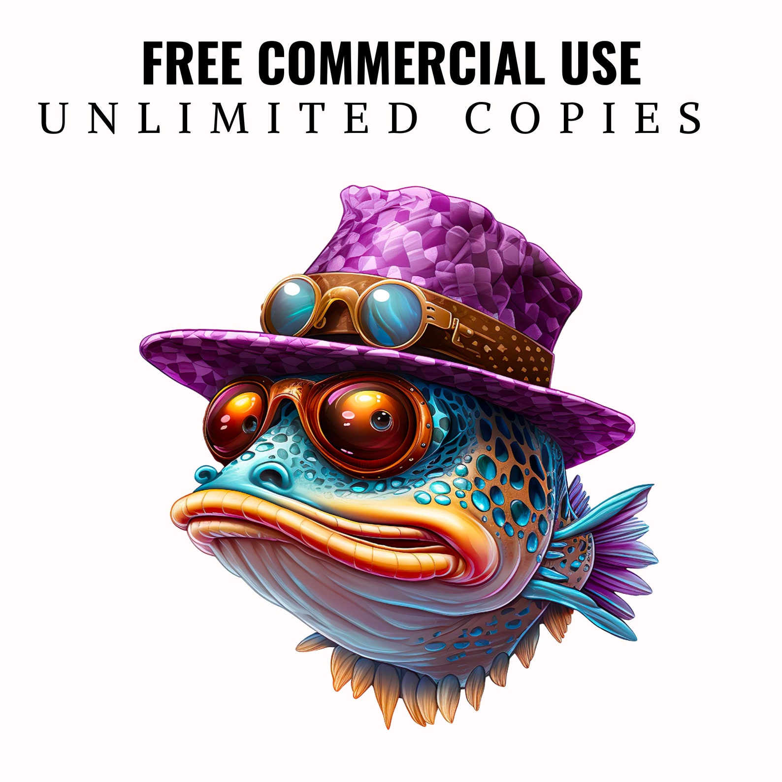 Funny Bass Fish Clip Art, Watercolor Saltwater Fish With Sunglasses and ...