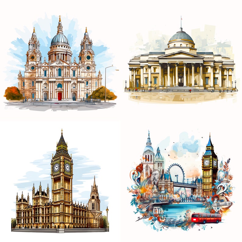 London City Clip Art, Watercolor Main Monuments of London Images PNG ...