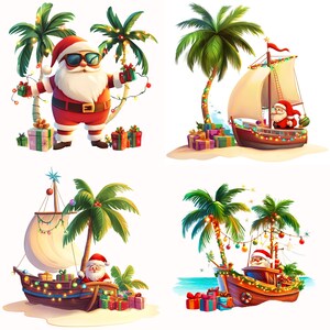 Cute Tropical Christmas Clip Art, Watercolor Funny Sailing Santa ...