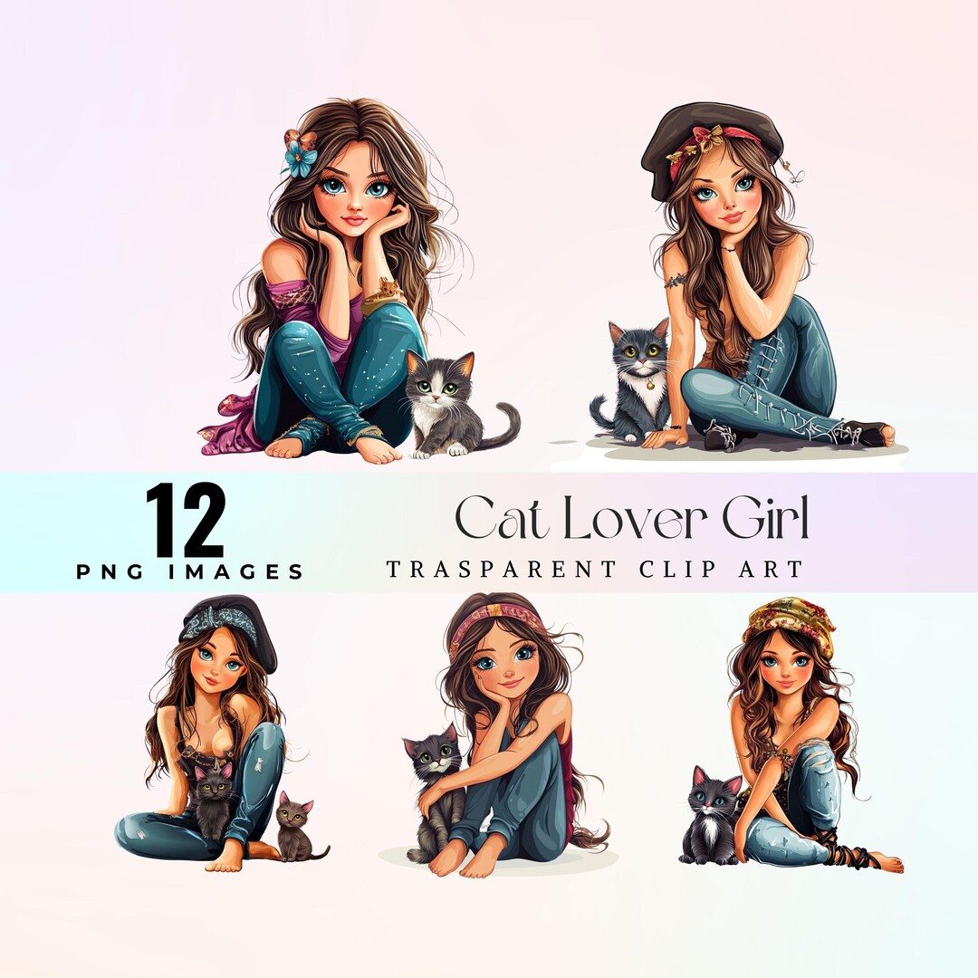 Cute Cat Lover Girl Clip Art, Watercolor Adorable Cat Mom Illustration ...