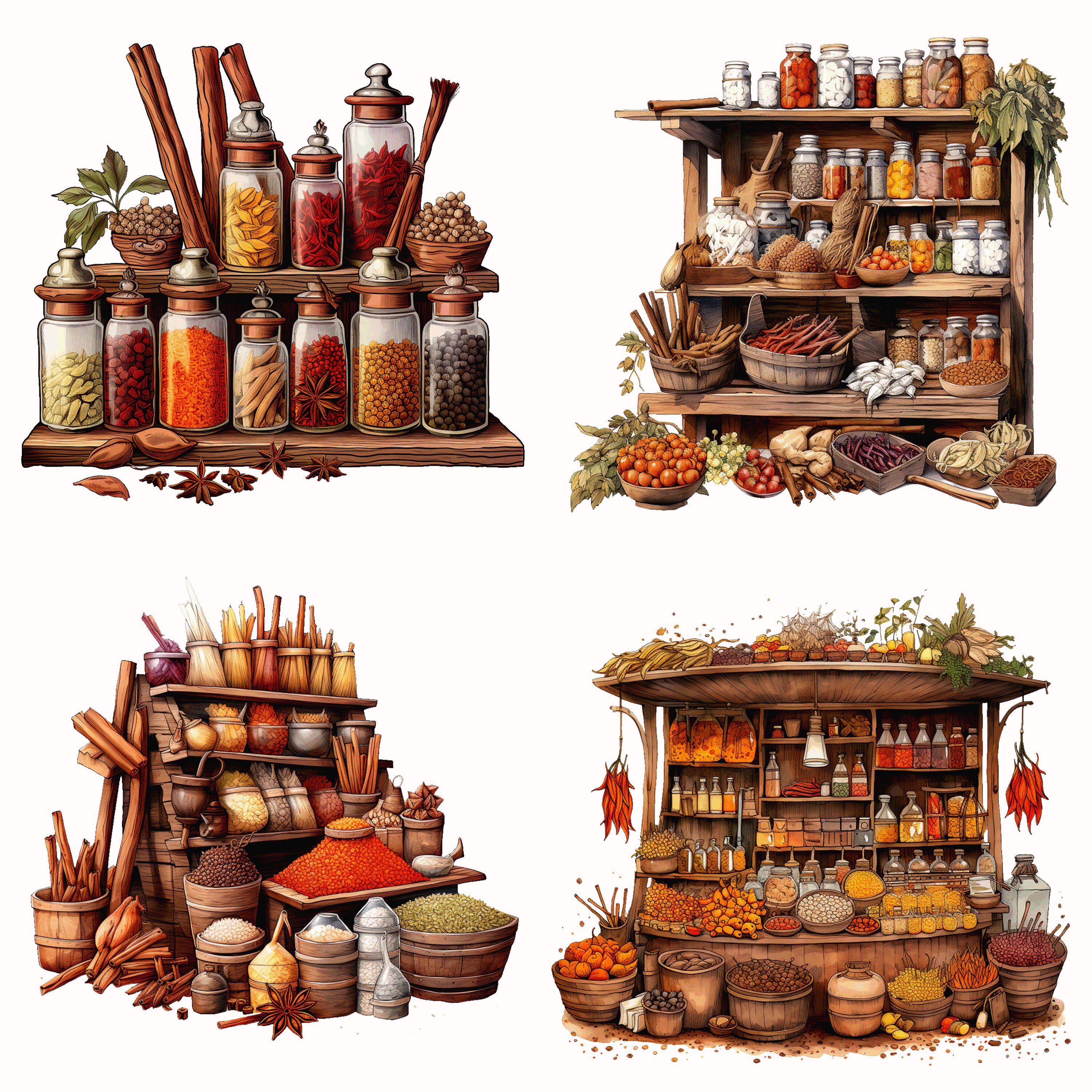 Spice Cart Clip Art, Watercolor Herb Market Illustration PNG, Tasty ...