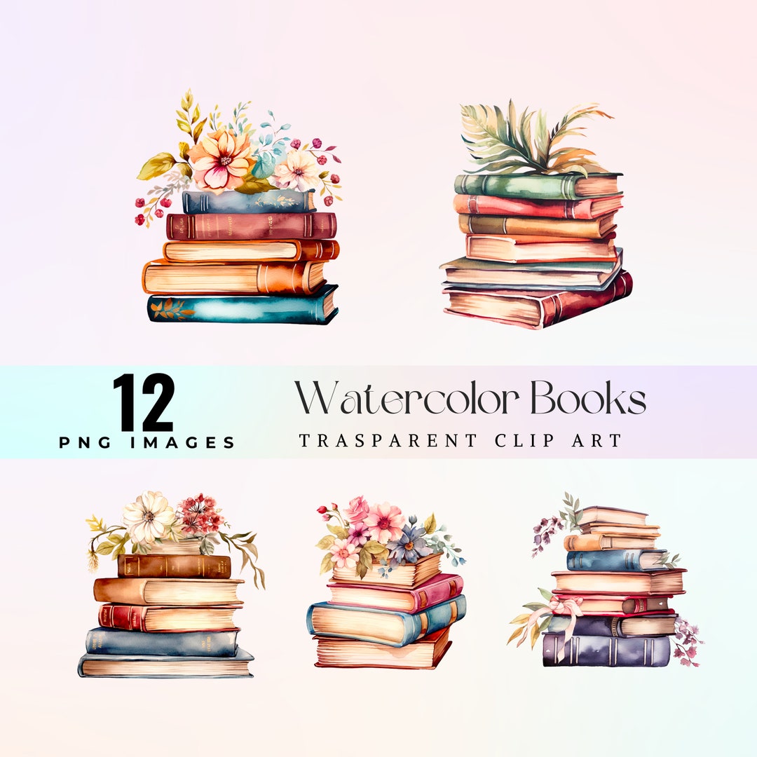 Cute Boho Stack of Books Clip Art, Watercolor Whimsy Read Illustration ...