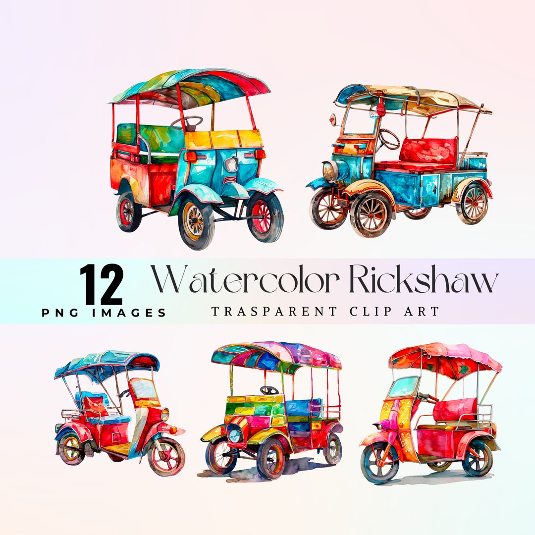 Whimsical Rickshaw Clip Art, Watercolor Quirky Asian Taxi Illustration ...