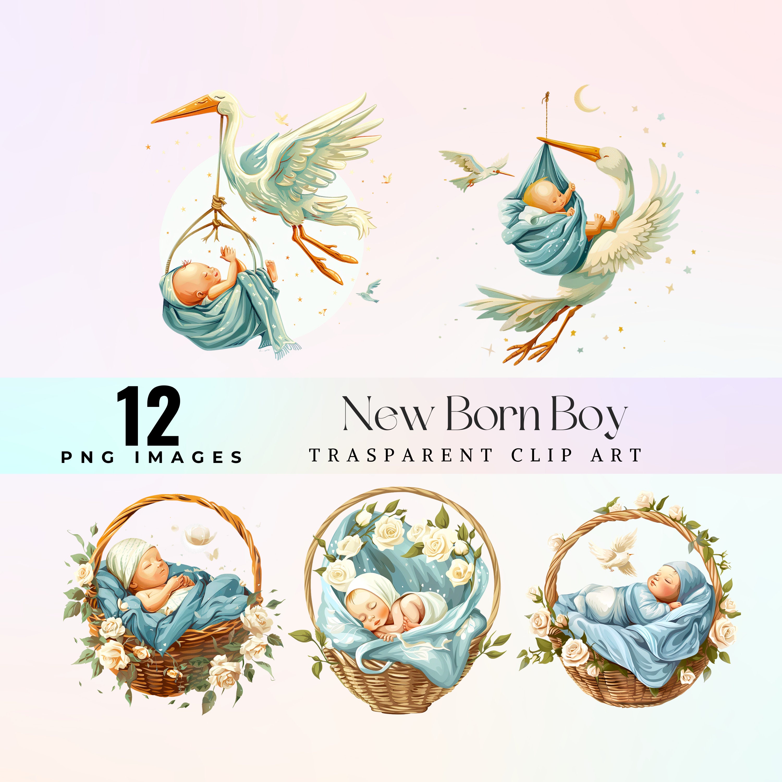 Lovely Newborn Boy Clip Art, Sweet Basket Newborn Illustration PNG ...