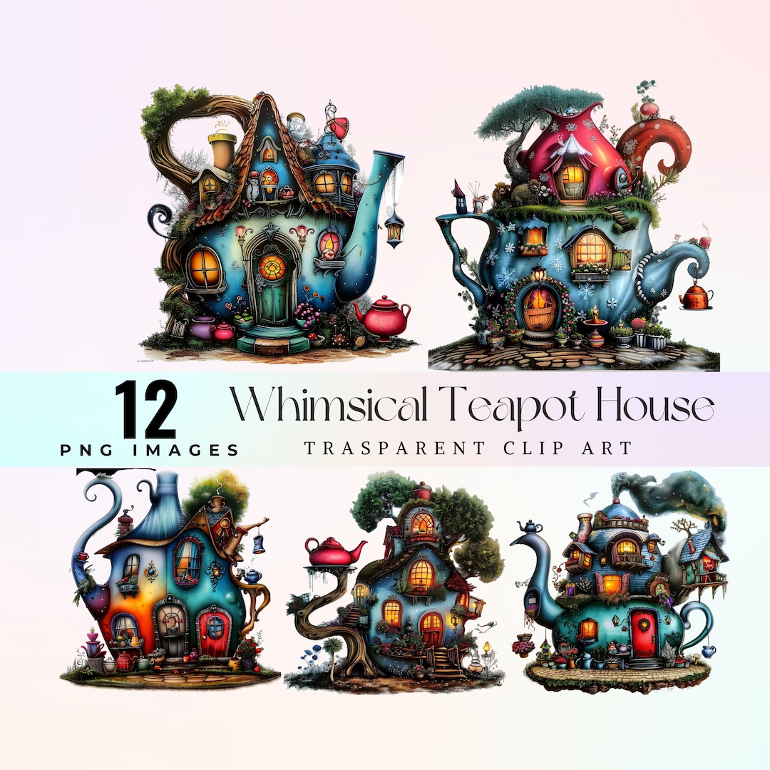 Whimsical Teapot House Clip Art, Watercolor Quirky Winter Tea Cottage ...