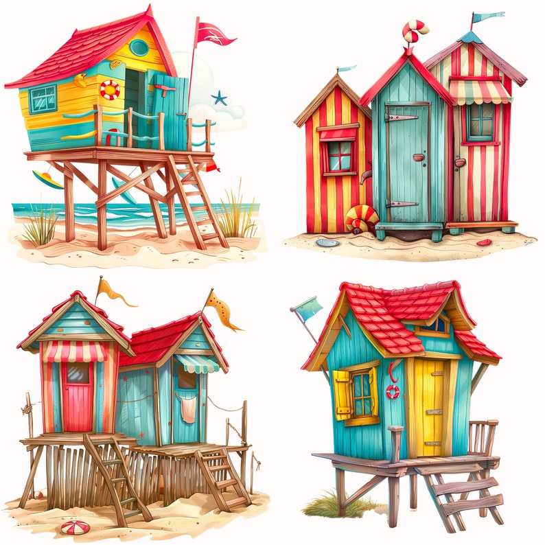 Whimsical Beach Hut Clip Art, Watercolor Quirky Beach Shack ...