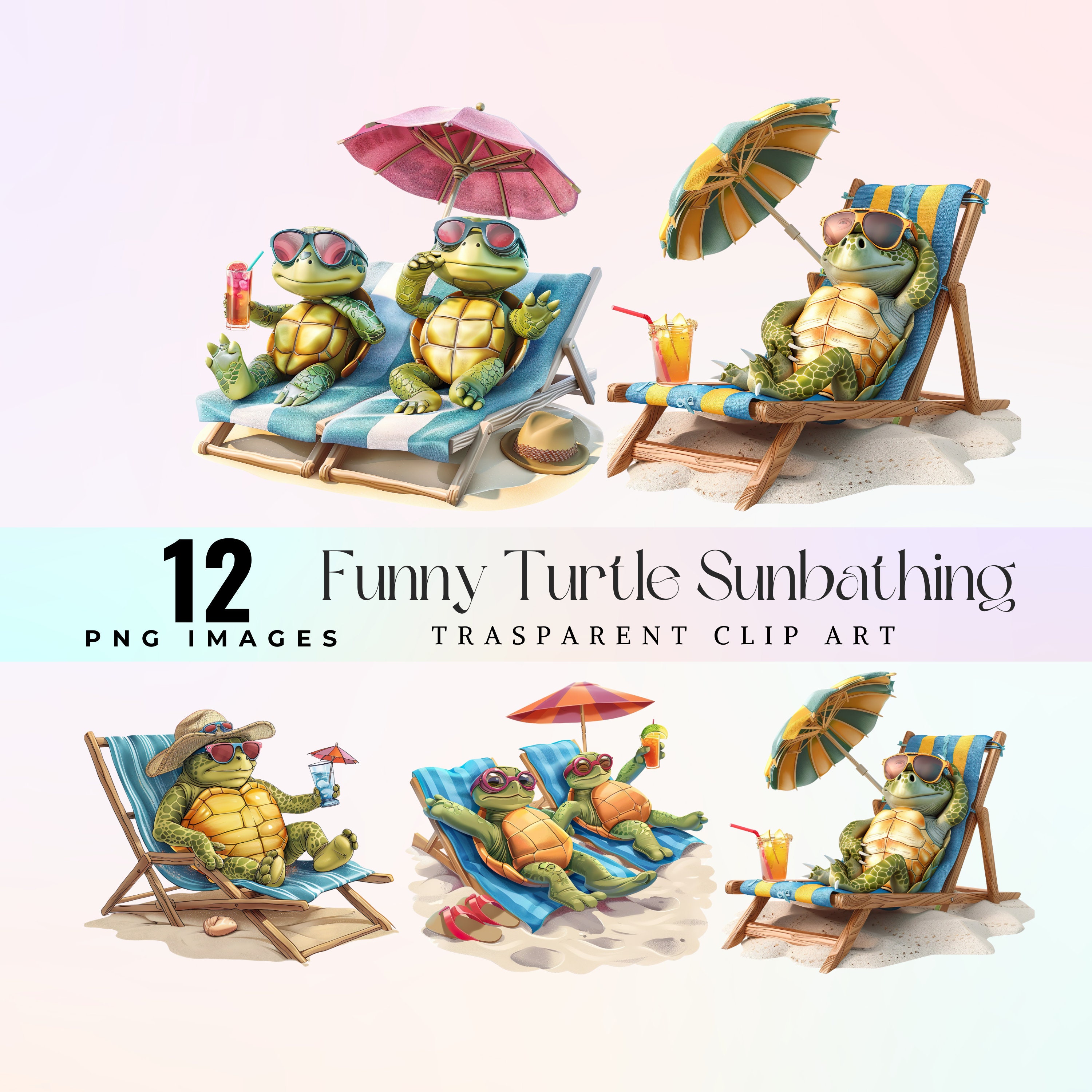 Funny Turtle Sunbathing Clip Art, Watercolor Quirky Turtle Relaxing in the Sun Lying on a Beach ...