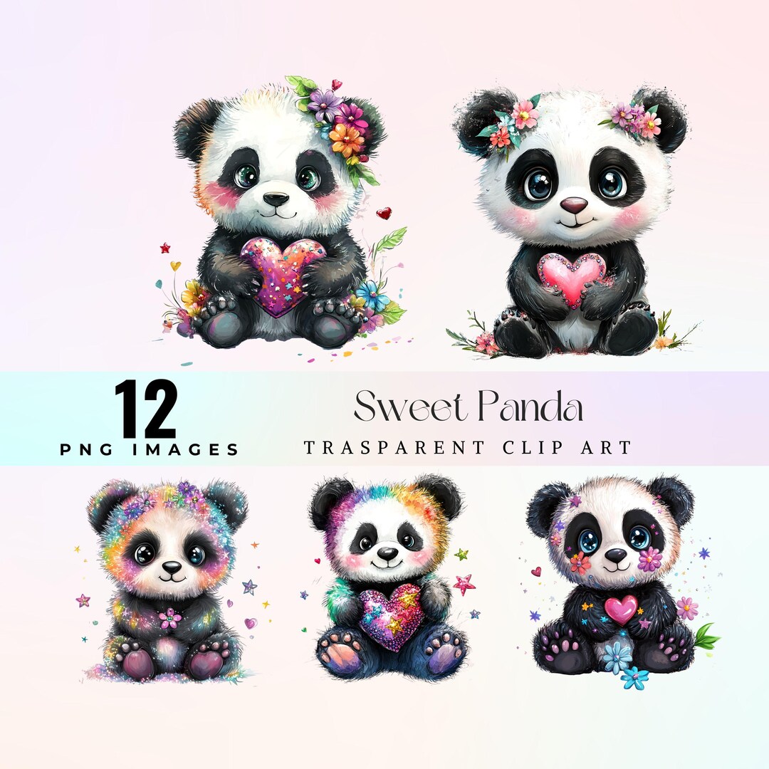 Cute Panda Clipart, Cartoon Animal With Flowers, Kawaii Stickers (PNG) - Etsy