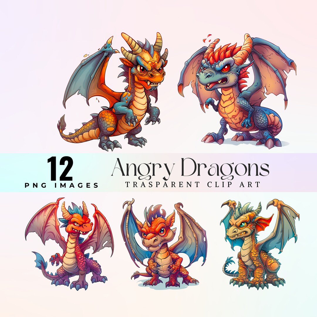 Cute Angry Dragons Clip Art, Watercolor Colorful Drake Illustration PNG ...