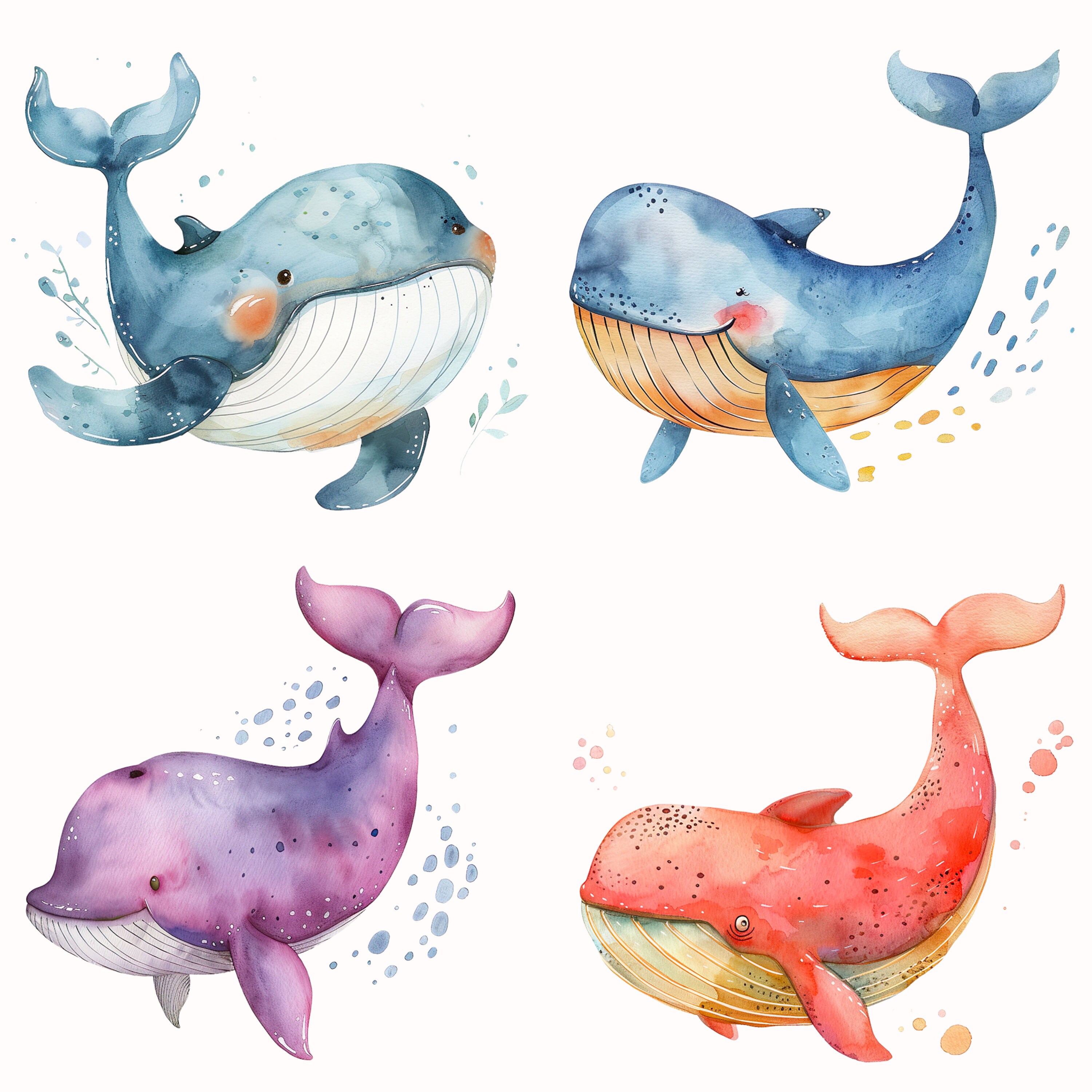 Cute Happy Whale Clip Art, Watercolor Cheerful Cetacean Illustration ...