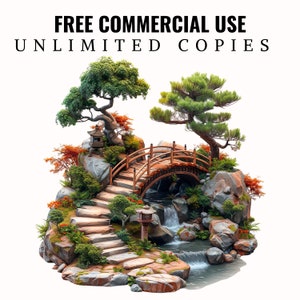 Realistic Enchanting Japanese Gardens Clip Art, Watercolor Harmonious ...