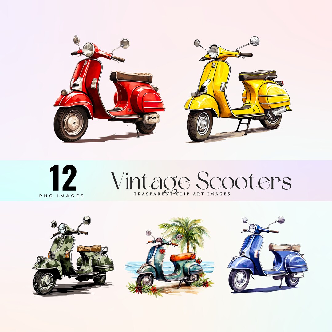 Vintage Scooter Clip Art, Classic Moped Illustration PNG, Old Italian ...