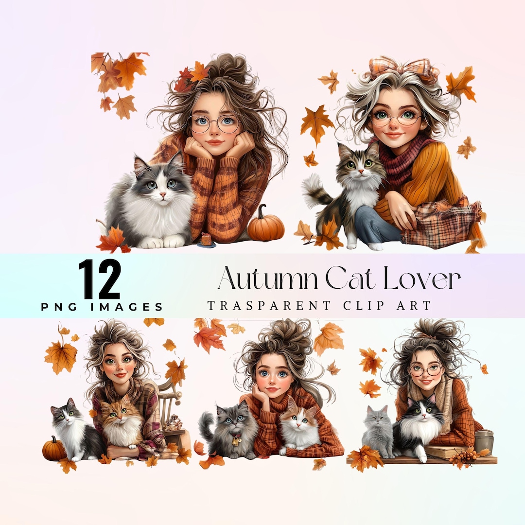 Autumn Cat Lover Clip Art: Watercolor Fall Kitty PNG (digital Download ...