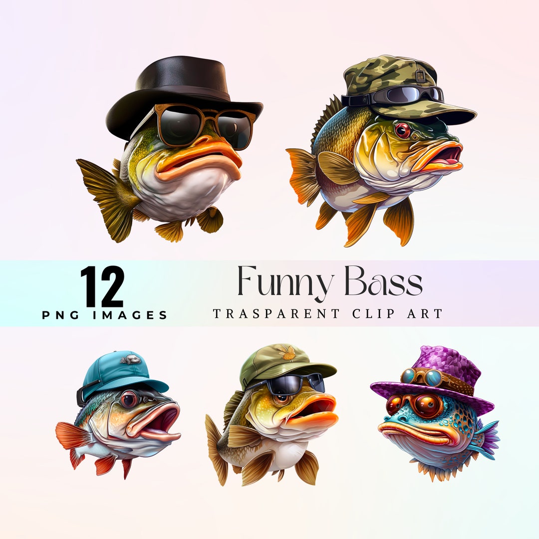 Funny Bass Fish Clip Art, Watercolor Saltwater Fish With Sunglasses and ...