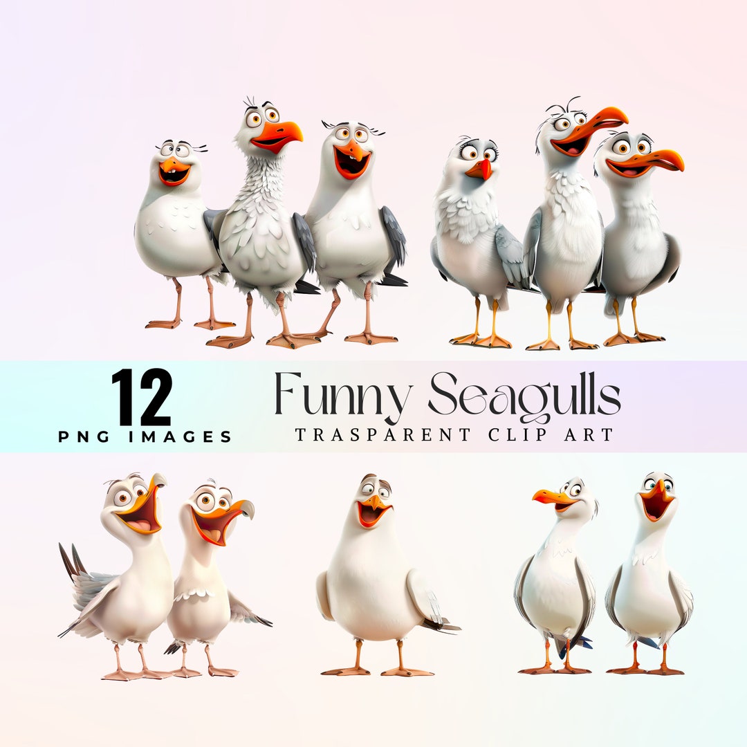 Funny Seagulls Clip Art, Watercolor Happy White Seagull Illustration ...