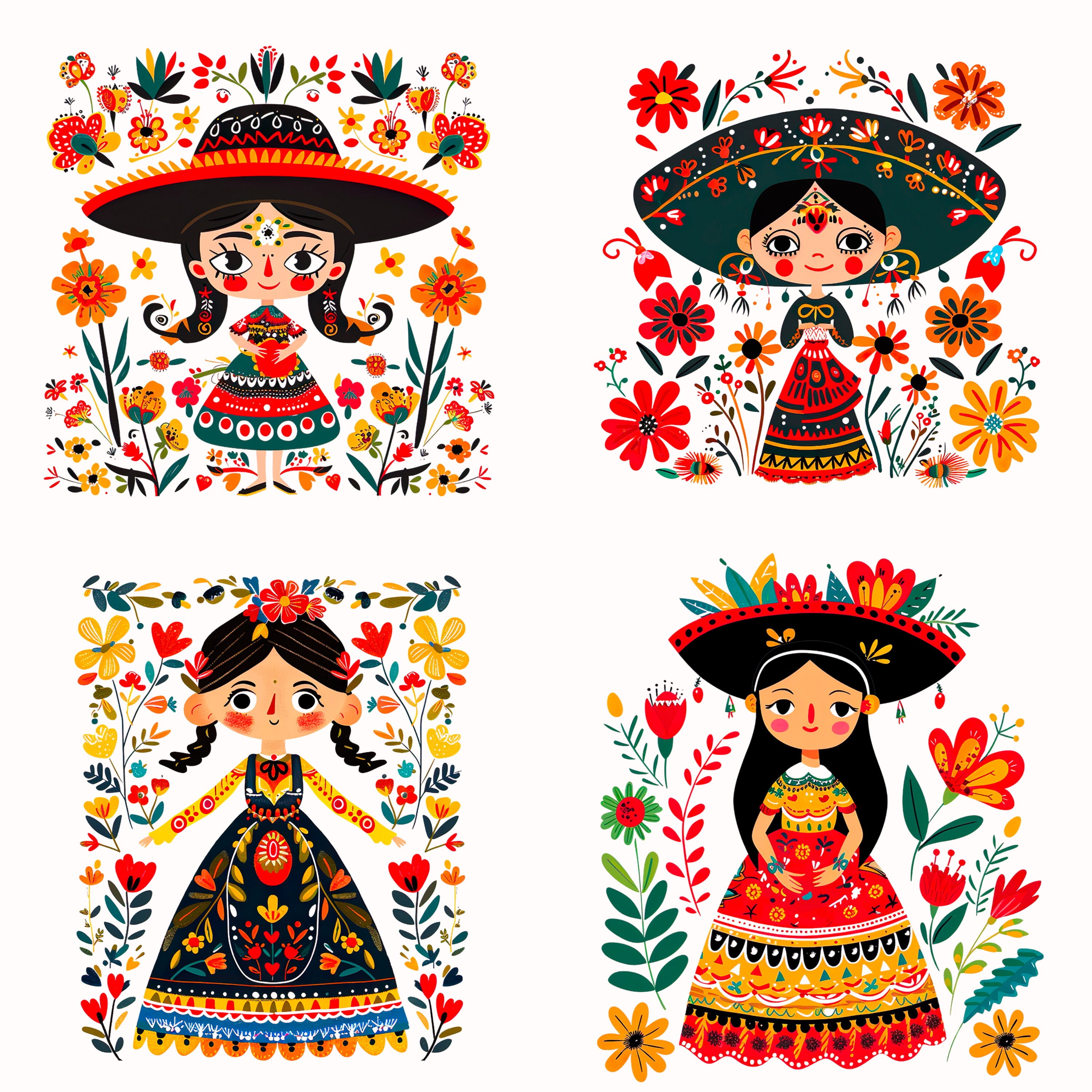 Watercolor Mexican Folk Art Clipart: Funky Cartoon Cuties (PNG) - Etsy