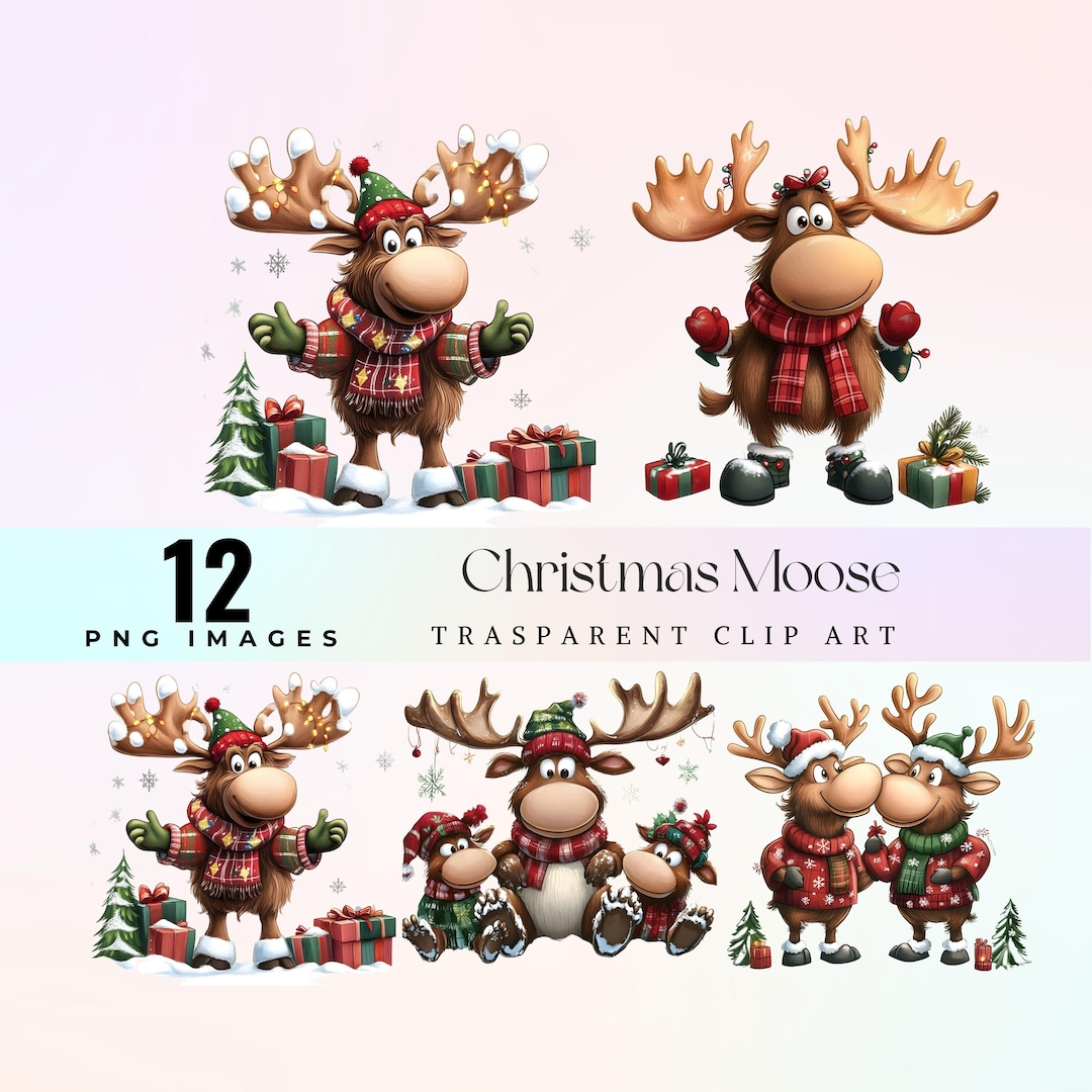 Cute Christmas Moose Clip Art, Watercolor Playful Festive Moose ...
