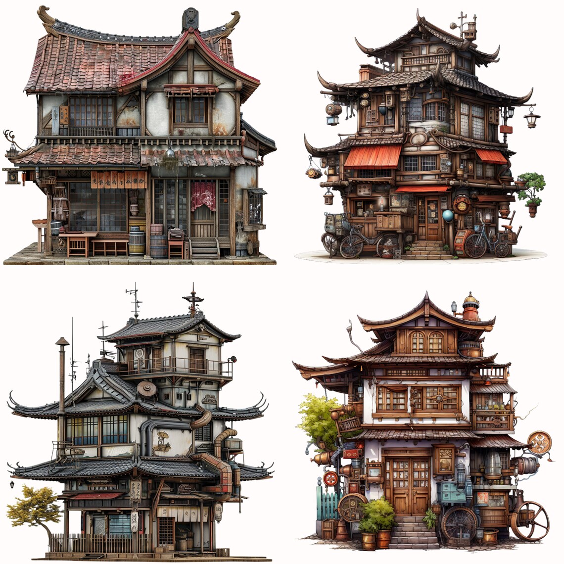 Japanese Steampunk House Clip Art, Watercolor Vintage Japan House ...