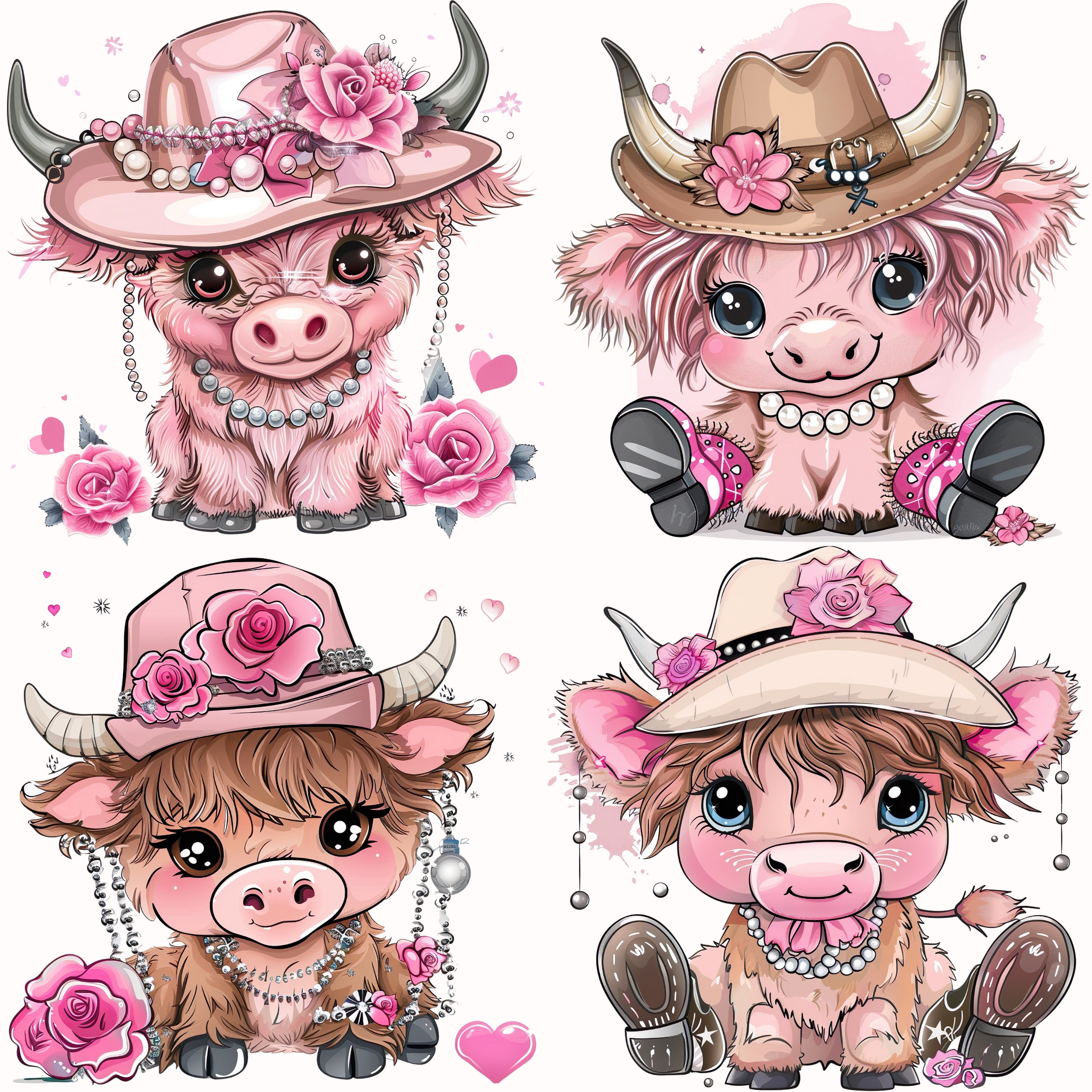 Adorable Highland Cow Girl Clip Art, Watercolor Mini Pink Highland Calf ...