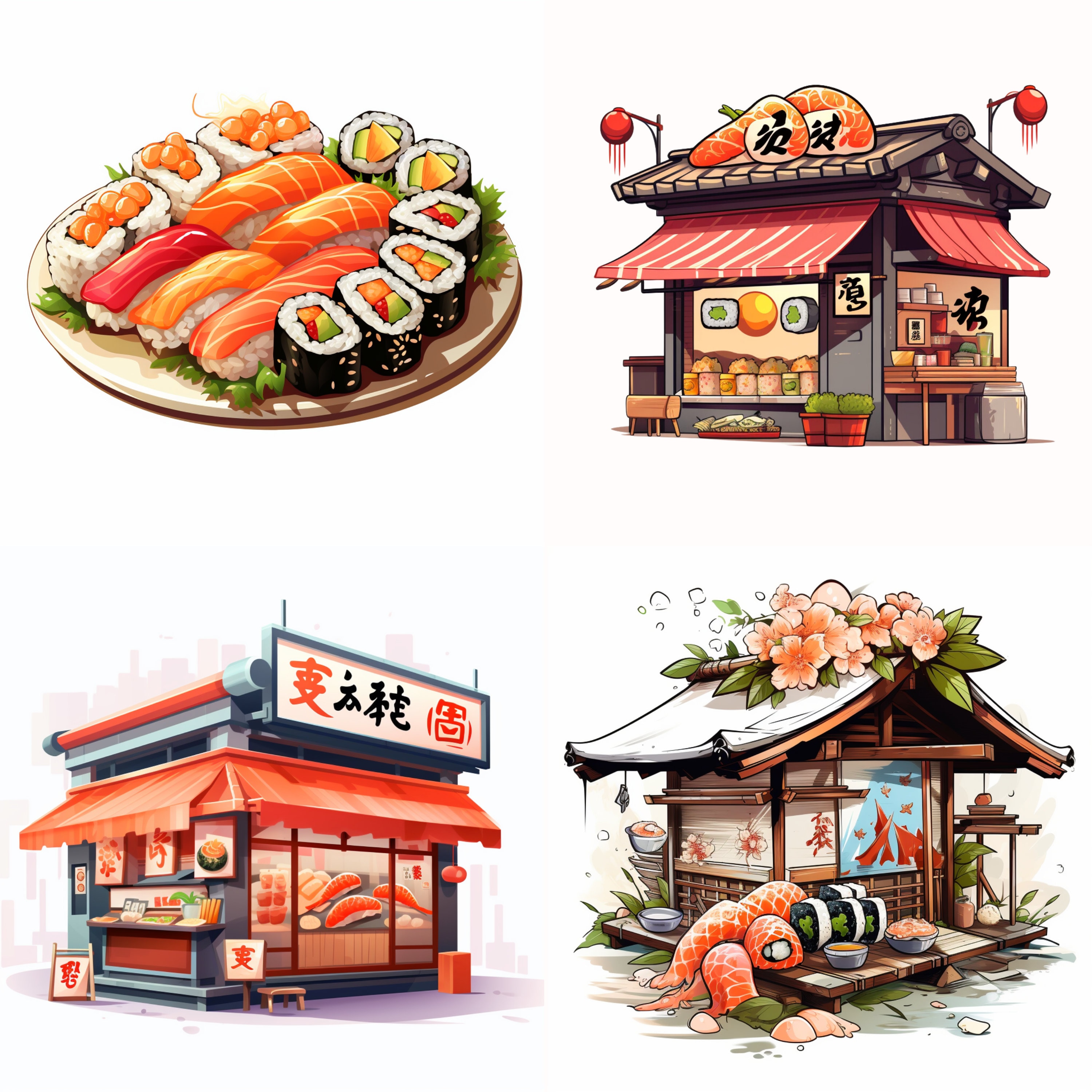 Fresh Sushi Stand Clip Art, Watercolor Artful Sushi Shop Illustration ...