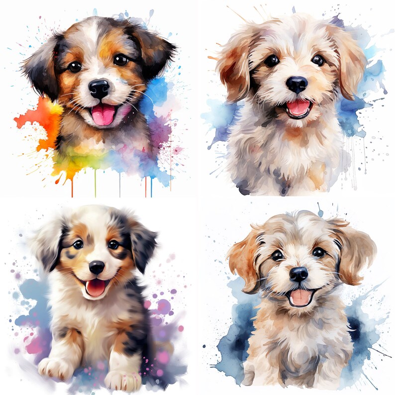 Vivid Puppy Clip Art, Watercolor Colorful Puppies Illustration PNG ...