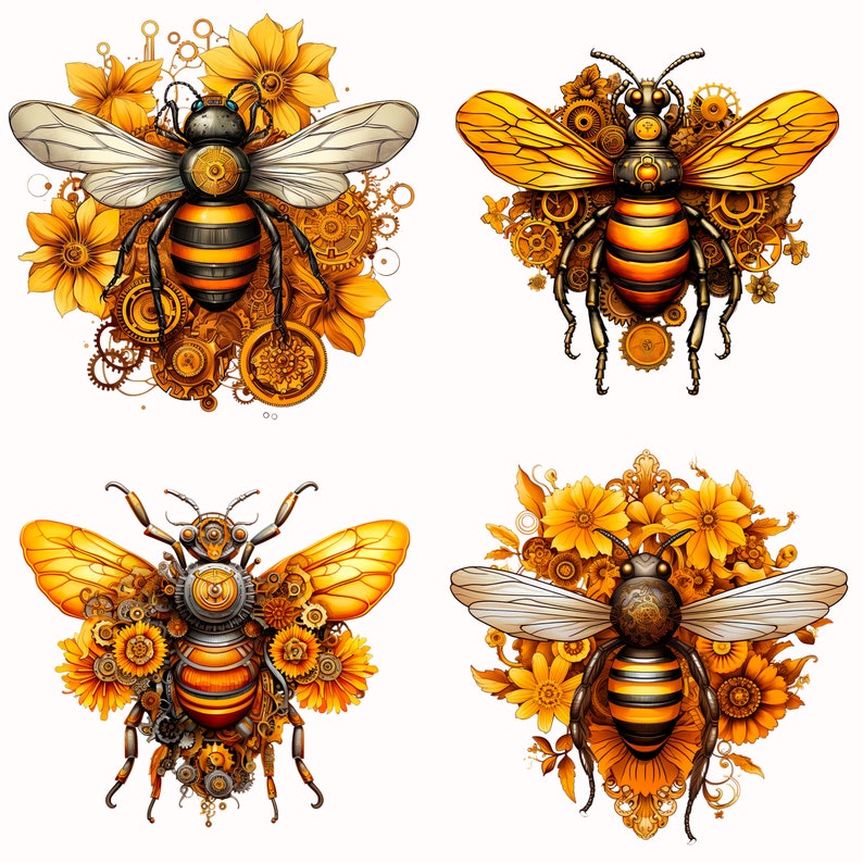 Cute Steampunk Bees Clip Art, Watercolor Vintage Mechanical Bees and ...