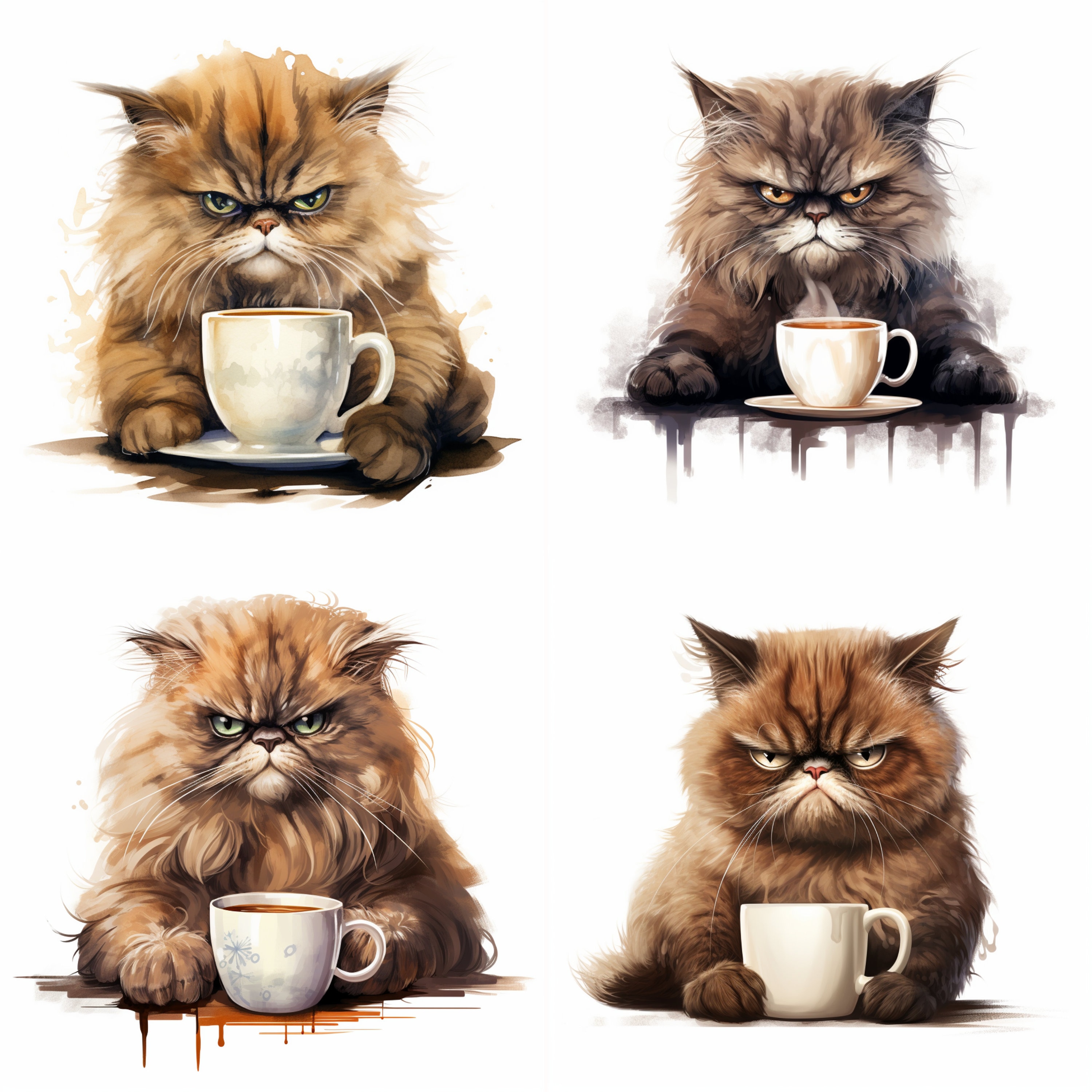 Watercolor Grumpy Cat Coffee Clip Art, Painting Grumpy Purebred Cats Illustration PNG, Good ...