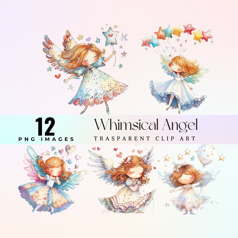 Watercolor Angel Clip Art: Whimsical Winged PNG Graphics (digital ...