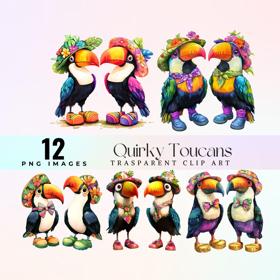 Quirky Tropical Toucans Clip Art, Funny Exotic Toucan Illustration PNG ...