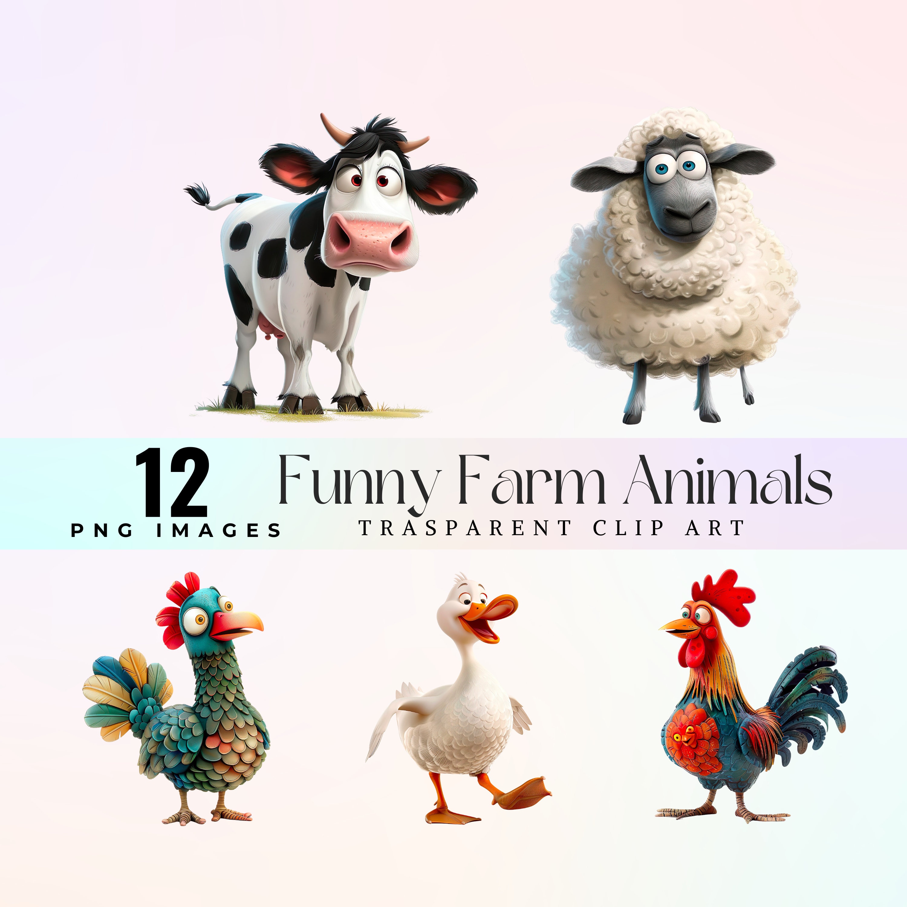 Funny Farm Animals Clip Art, Watercolor Adorable Barn Animal ...