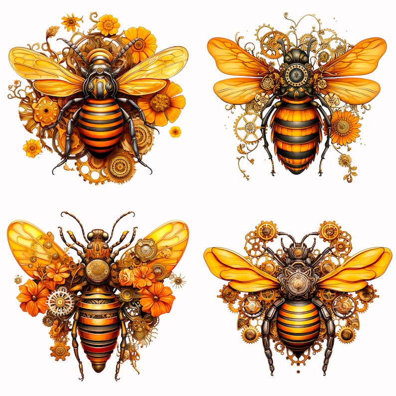 Cute Steampunk Bees Clip Art, Watercolor Vintage Mechanical Bees and Honey Illustration PNG ...