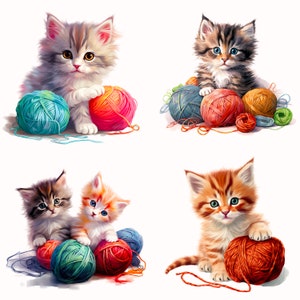 Yarn Ball Kitten Clip Art: Adorable PNG Illustration (digital Download ...