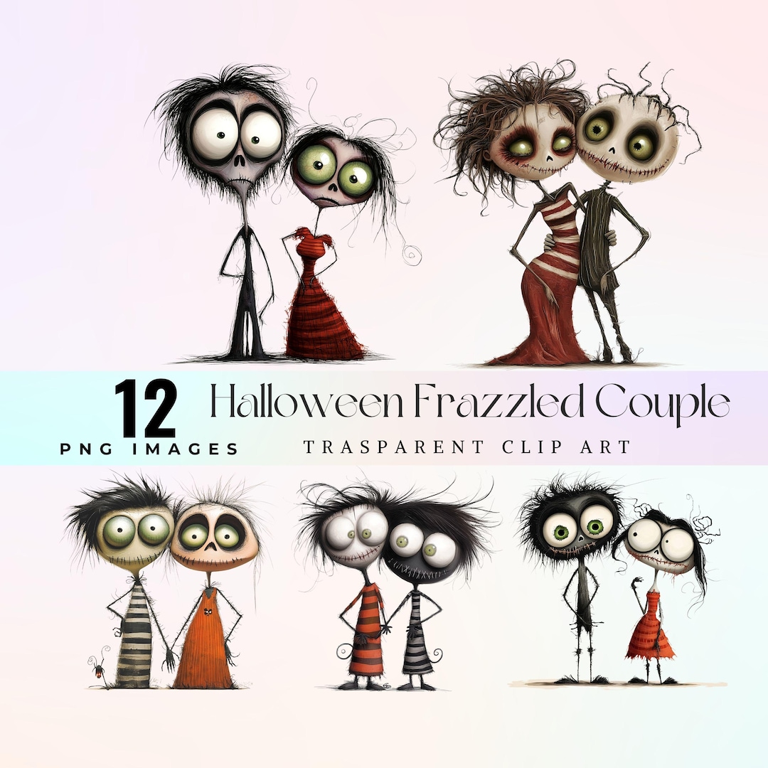 Cute Halloween Frazzled Couple Clip Art, Watercolor Funny Halloween Duo ...