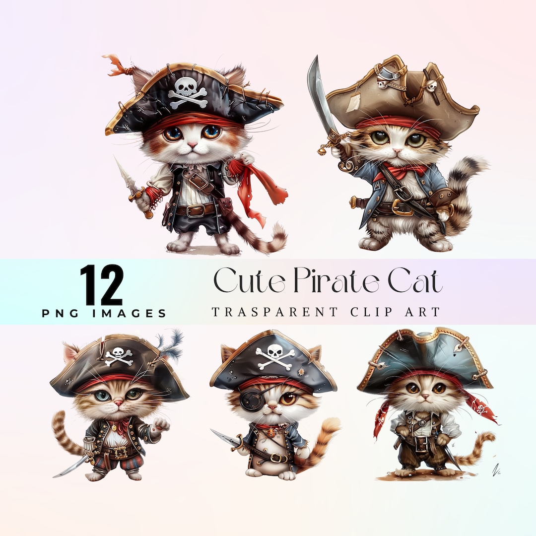 Cute Pirate Cat Clip Art, Watercolor Adorable Eye Patch Kitten ...