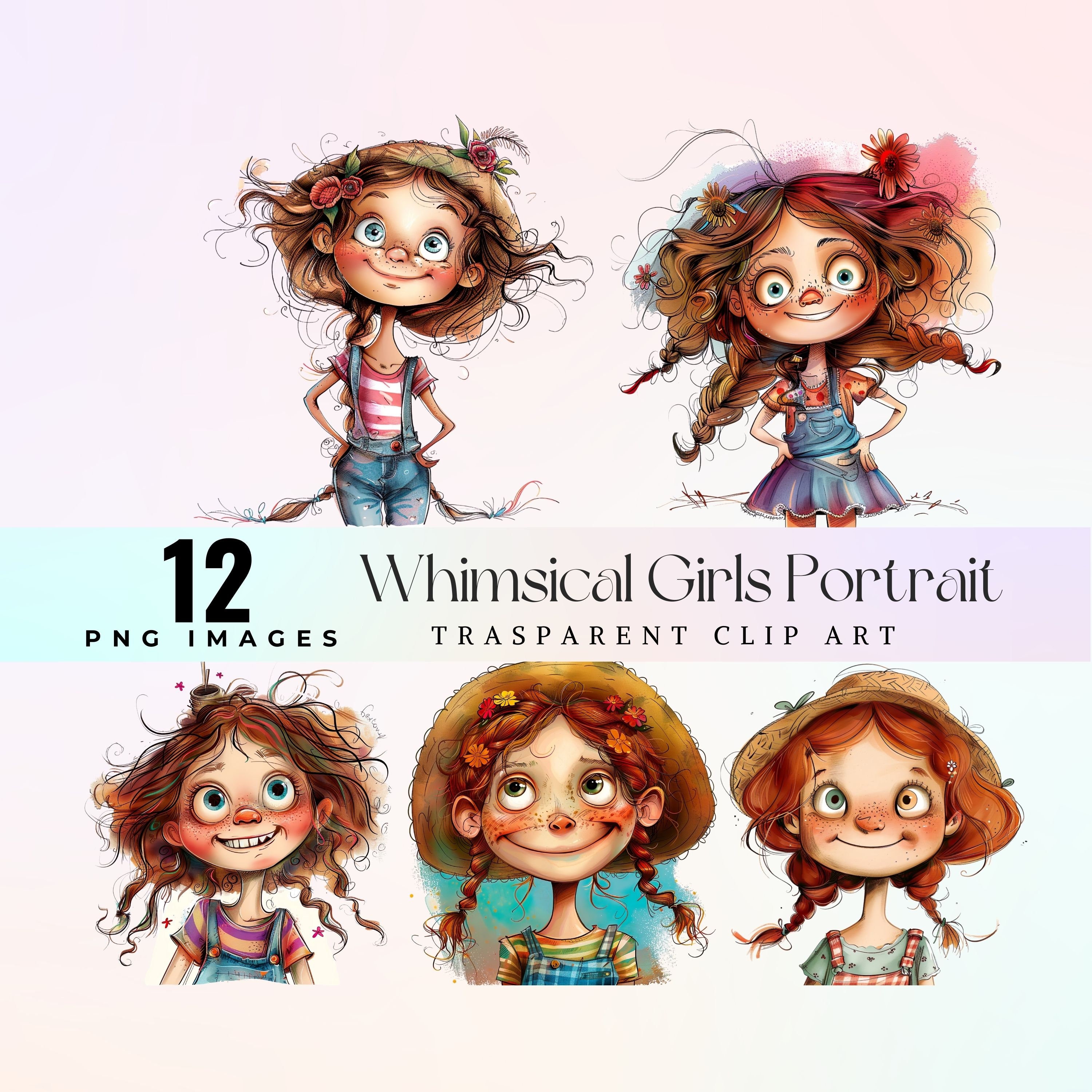 Whimsical Girls Portrait Clip Art, Watercolor Quirky Redhead Girl ...