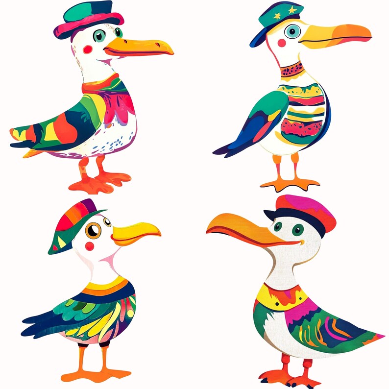 Colorful Seagull Clip Art: Whimsical Sea Birds PNG (digital Download ...