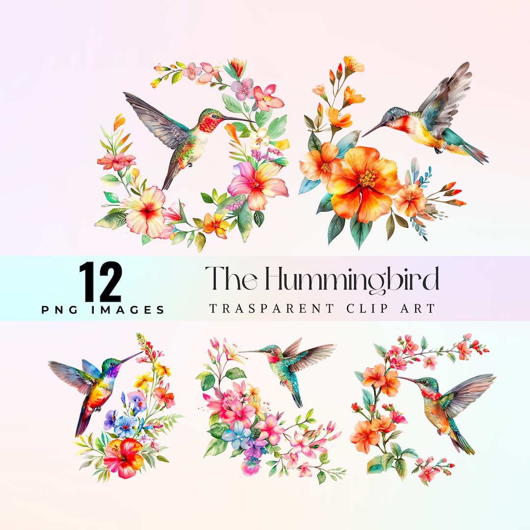 Cute Hummingbirds Clip Art, Watercolor Tropical Birds With Flowers ...