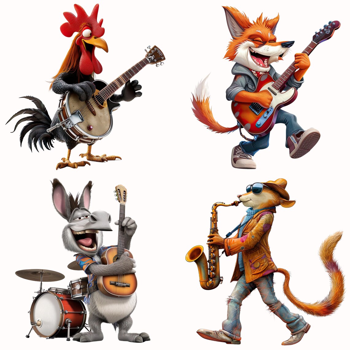 Whimsical Musical Animal Clip Art, Watercolor Happy Drum Guitar ...