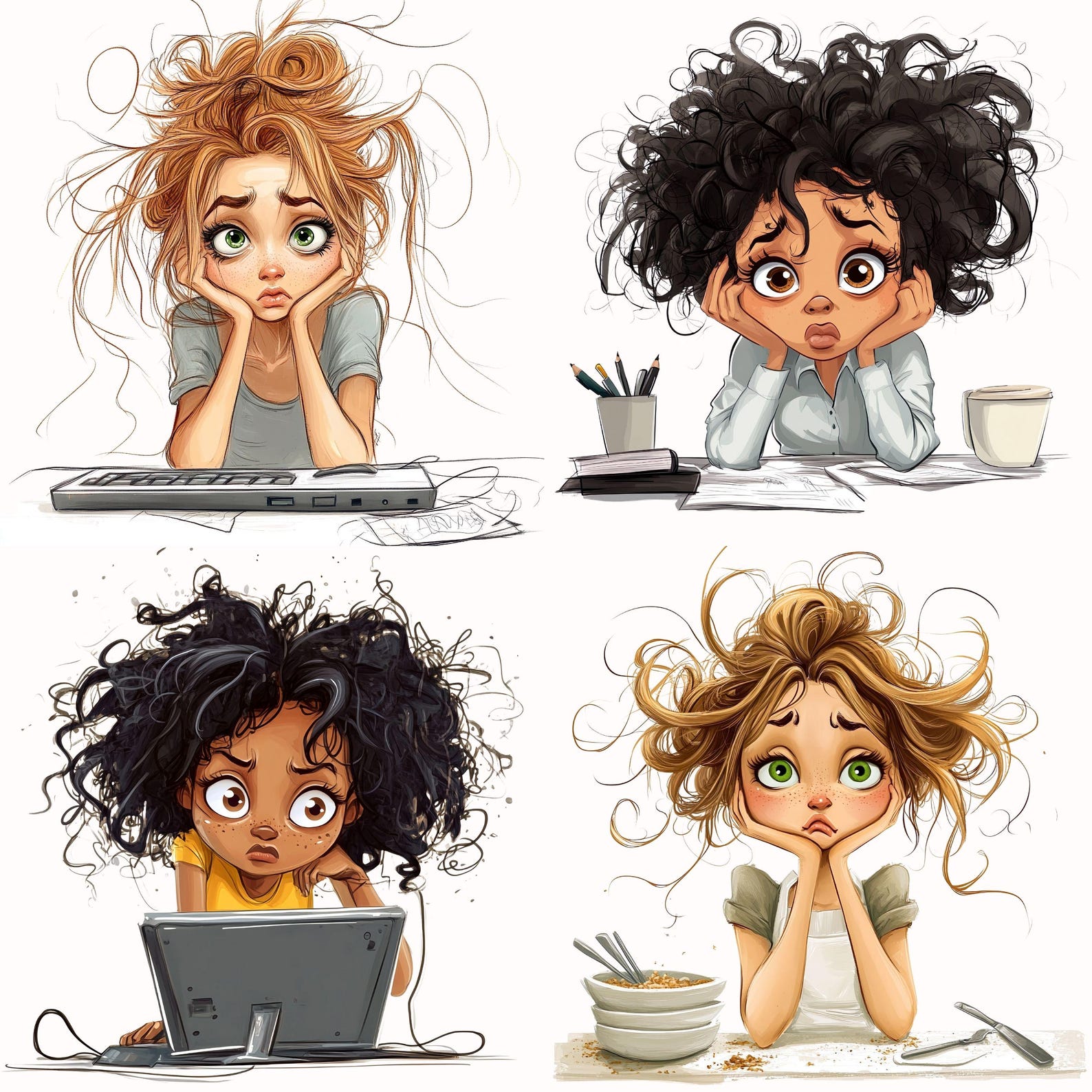 Funny Frazzled Girl Watercolor Clipart: Weary Woman PNG (digital ...