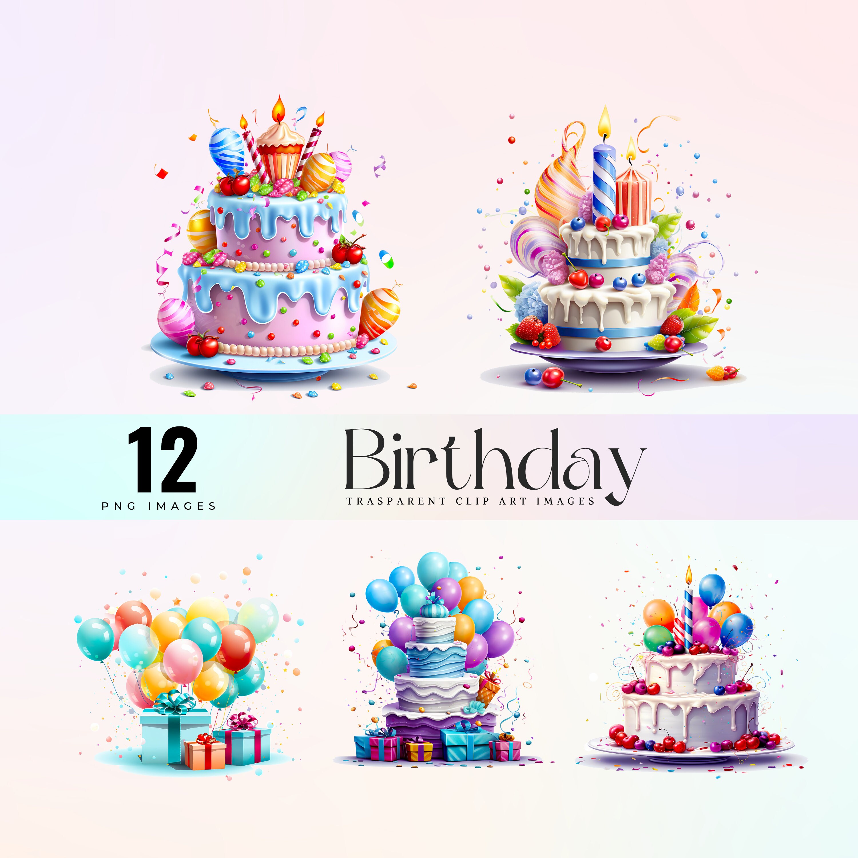 Happy Birthday Clip Art, Festive Flower Cake Illustration PNG, Floral ...