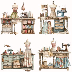 Vintage Sewing Room Clip Art, Watercolor Retro Sewing Tools ...