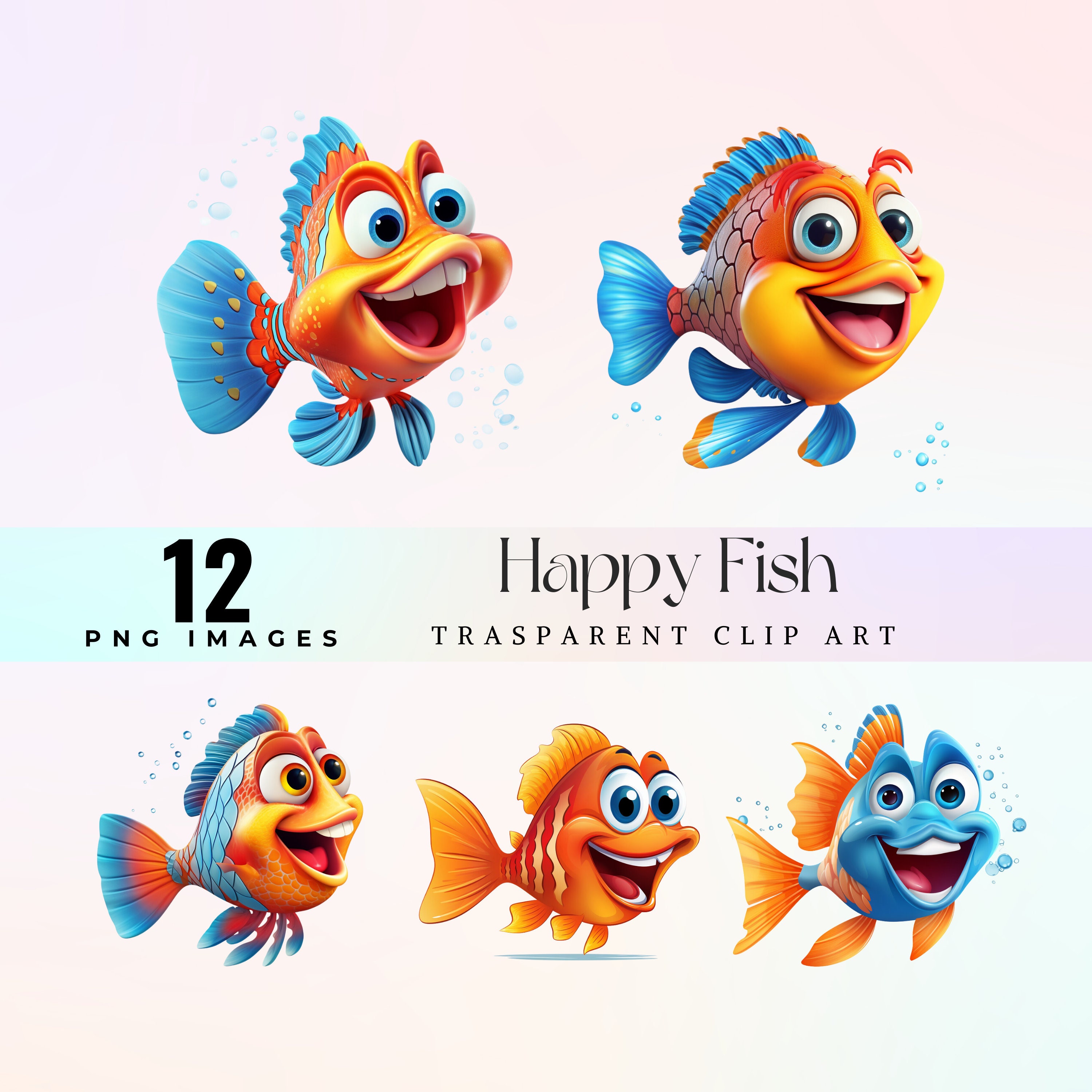 Happy Fish Clip Art, Watercolor Aquatic Cartoon Image PNG, Funny Fishes ...
