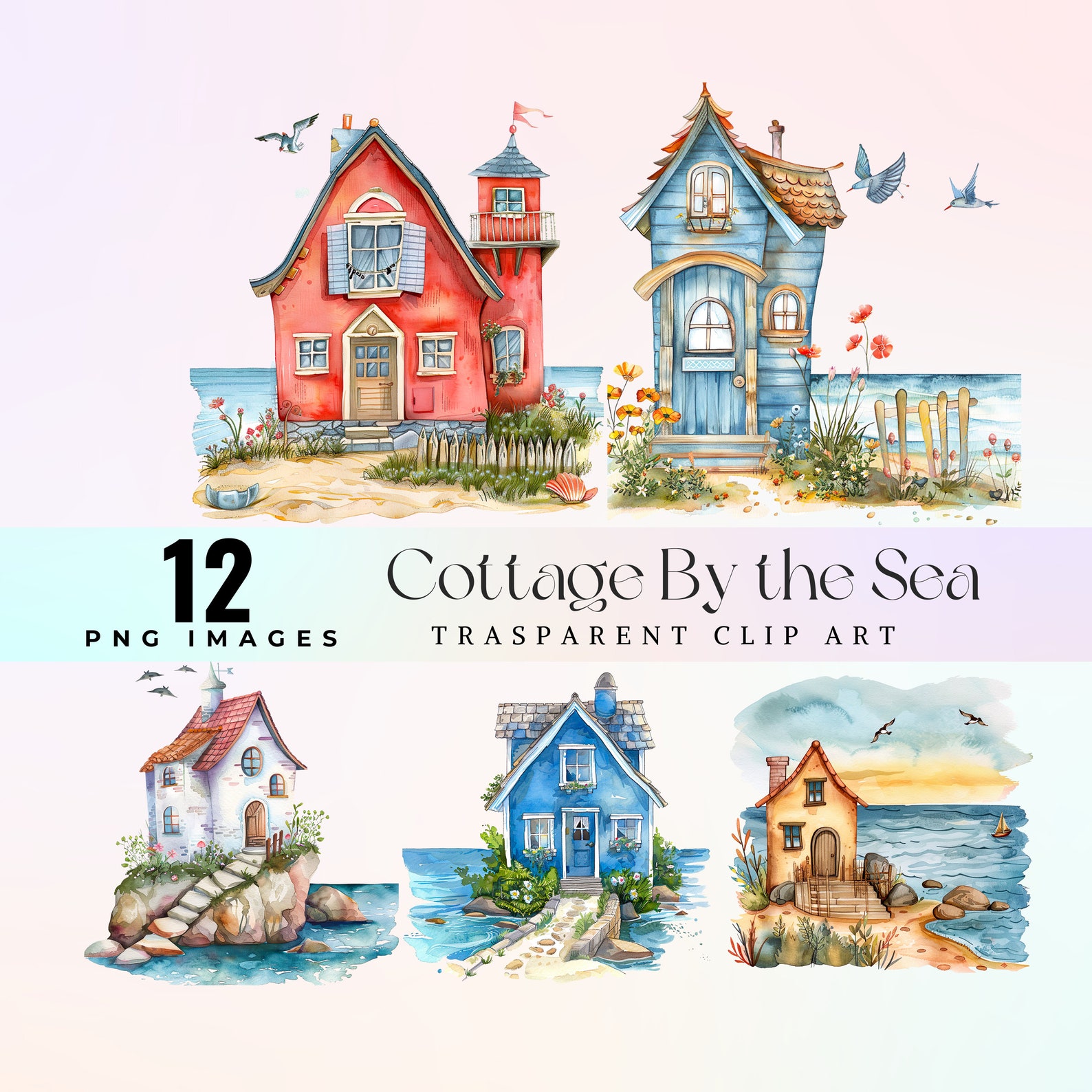 Watercolor Cottage by the Sea Clip Art: Coastal Home PNG (digital ...
